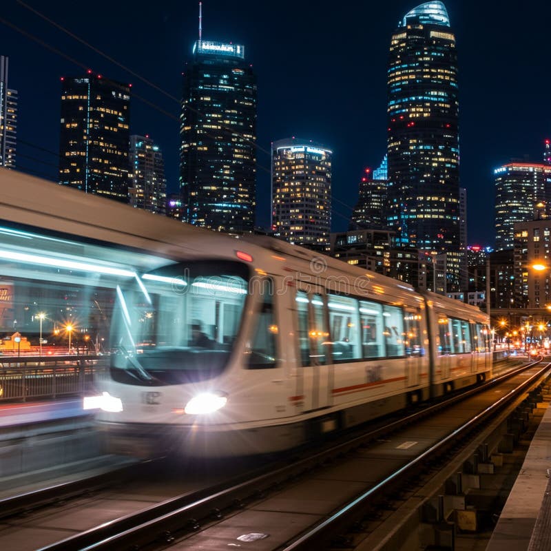 Modern Light Rail Train Speeding through an Urban Area at Night. Tall ...