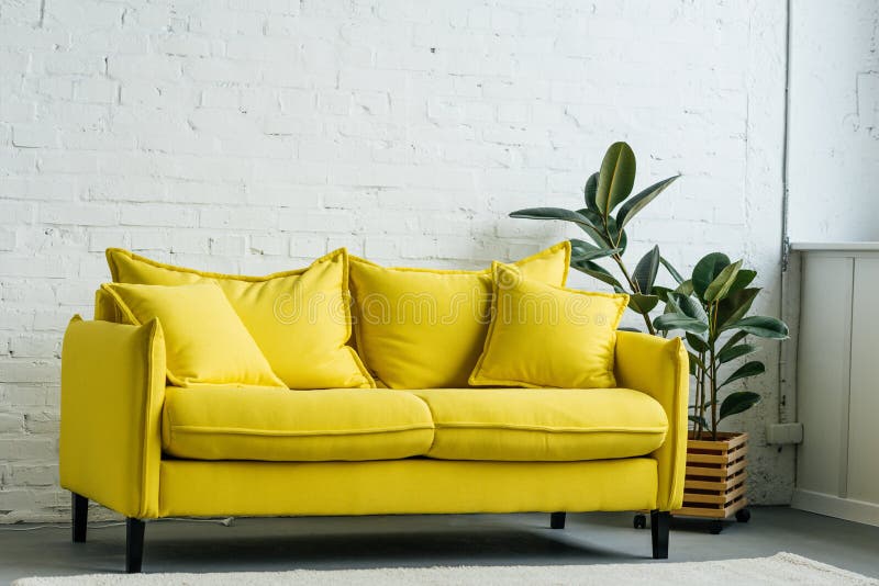Modern Light Room Interior with Yellow Sofa Stock Photo - Image of ...
