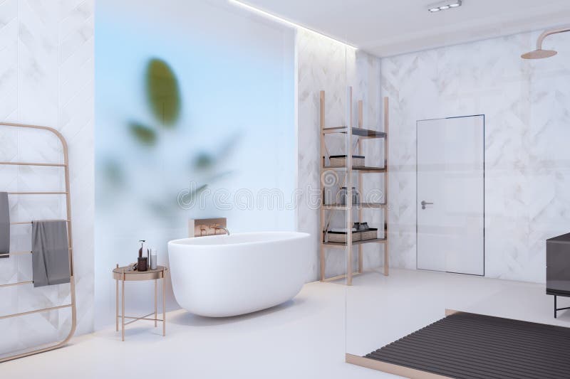Modern Stylish Bathroom Interior with Decortaive Plant, Glass and Other Objects. 3D Rendering ...