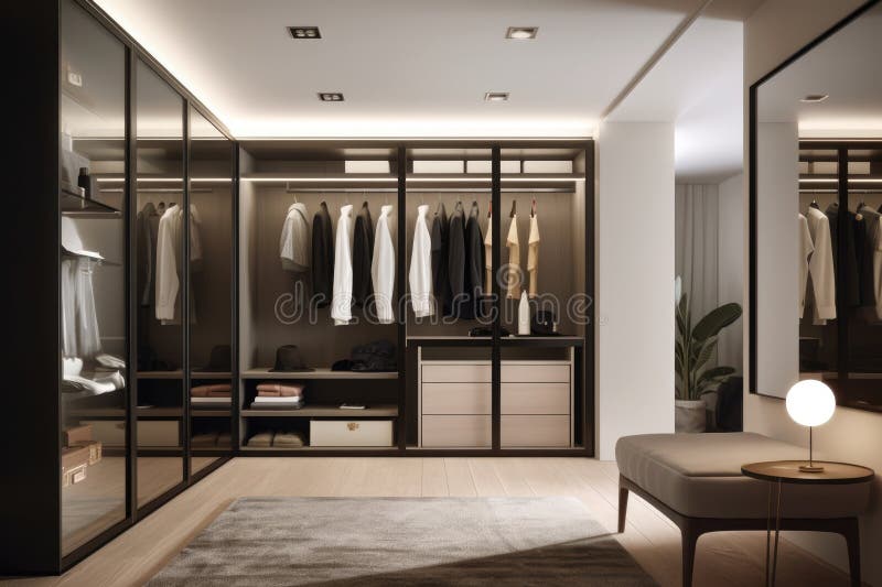 Modern Light Walk in Wardrobe with Mirror, Created Using Generative Ai ...