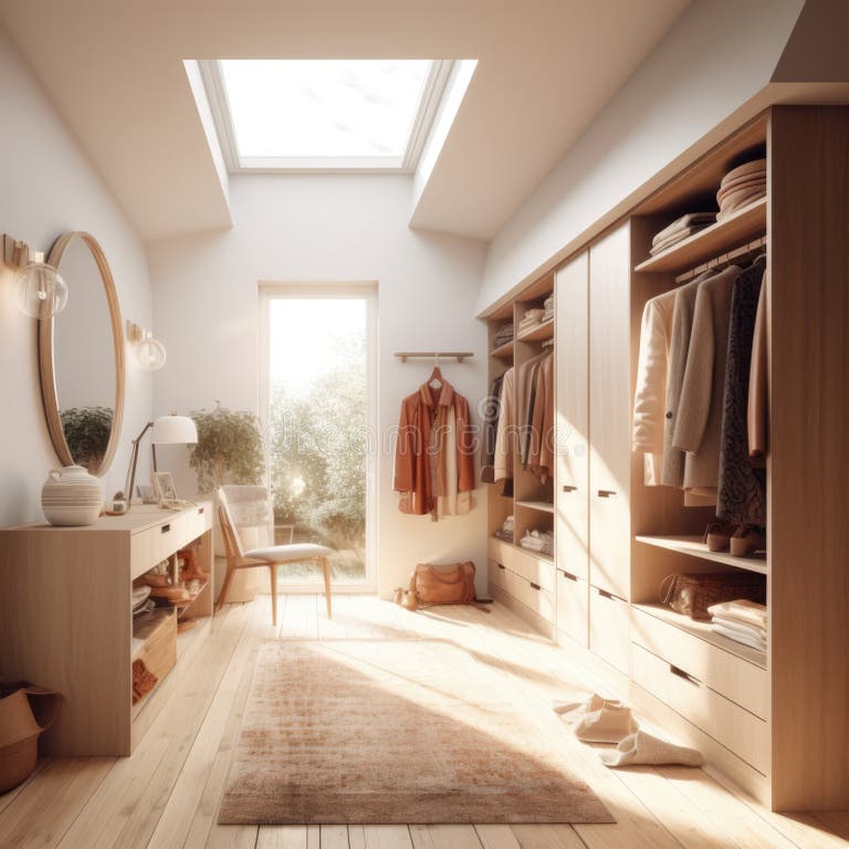 Modern Light Walk in Wardrobe with Window and Skylight, Created Using Generative Ai Technology ...