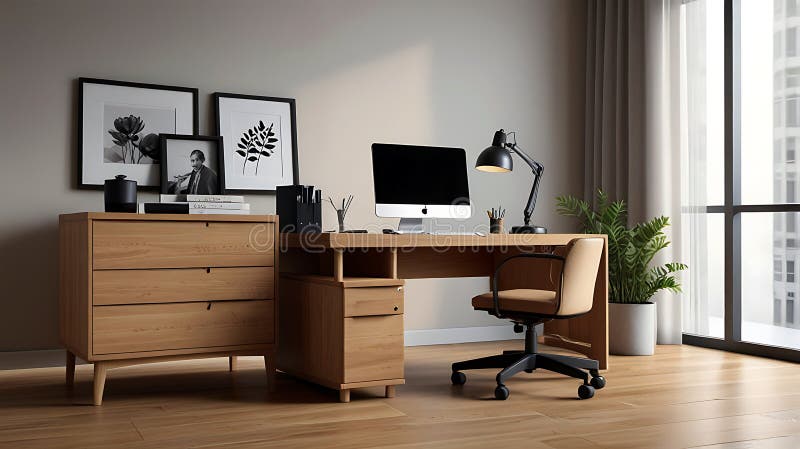 Modern, Light Wood Home Office with Natural Accents Stock Illustration ...