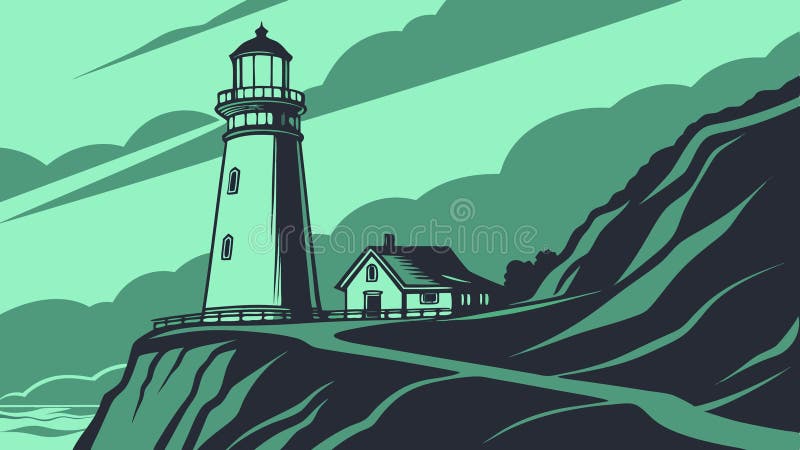 Modern Lighthouse on a Cliff with Swirling Green Water, Vector Design ...