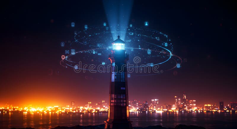 Futuristic Lighthouse Guiding Digital Connections Over Glowing ...