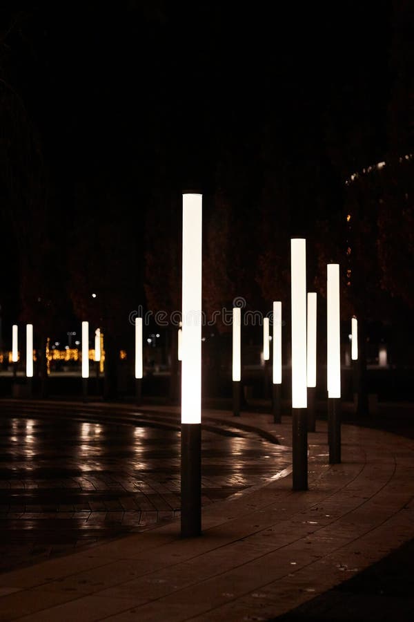 Modern Lighting in the City Park by the Pond. Stock Photo - Image of ...