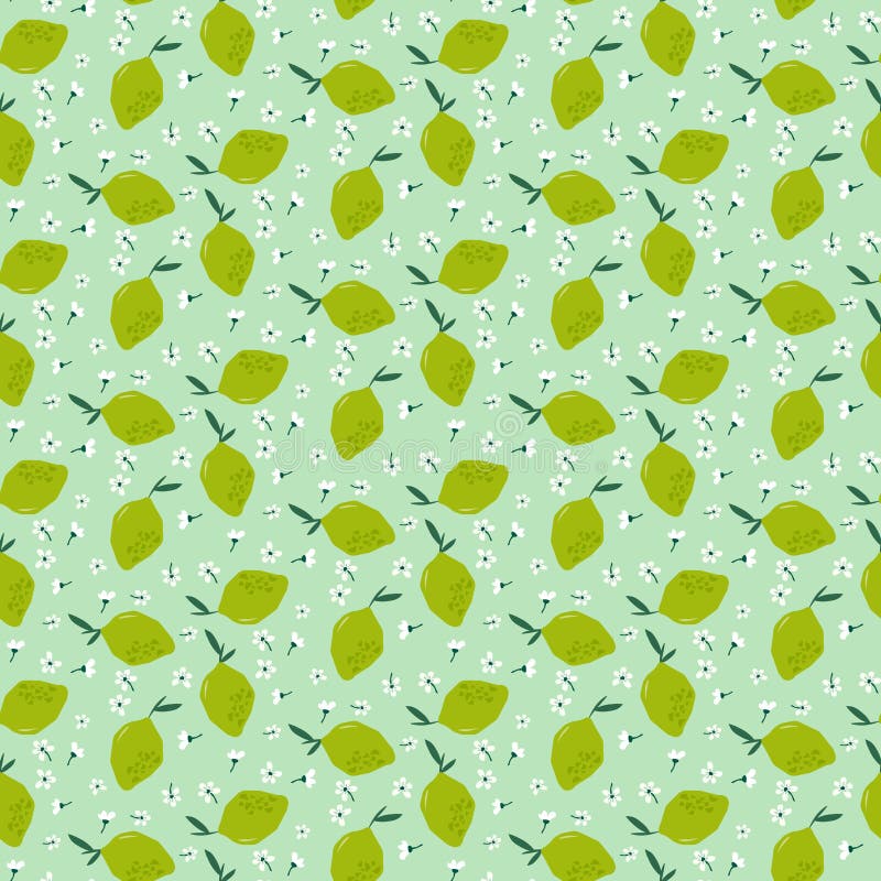 Modern Lime Pattern with Flowers on a Blue Background. Seamless Vector ...