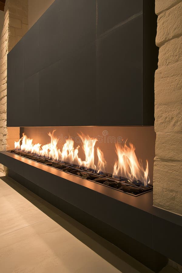 Modern Linear Fireplace with Stone Wall in Contemporary Interior Design ...