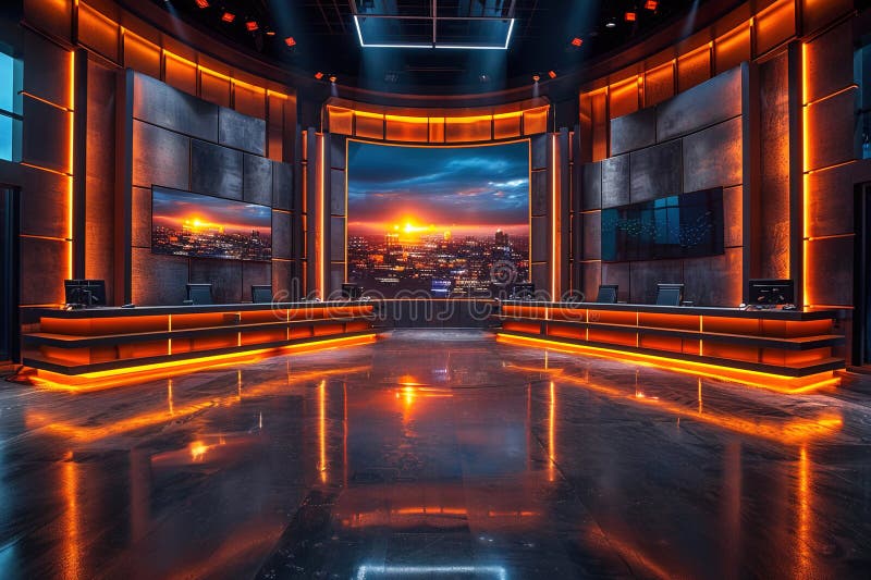 Modern Live News Studio Setup with Bright Lights and Cityscape Backdrop ...