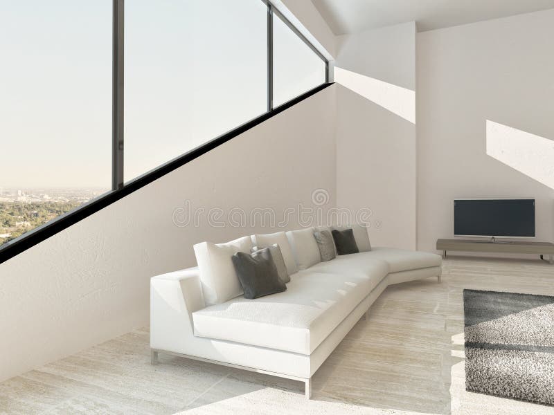Modern Living Rom Interior with White Couch and Angular Window Stock ...