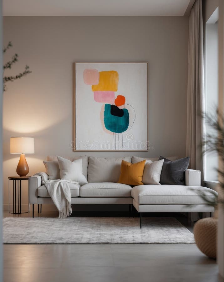 Modern Living Room with Abstract Art and Cozy Decor Stock Image - Image ...