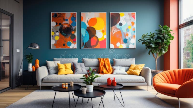 Modern Living Room with Abstract Art and Vibrant Decor Elements Stock ...
