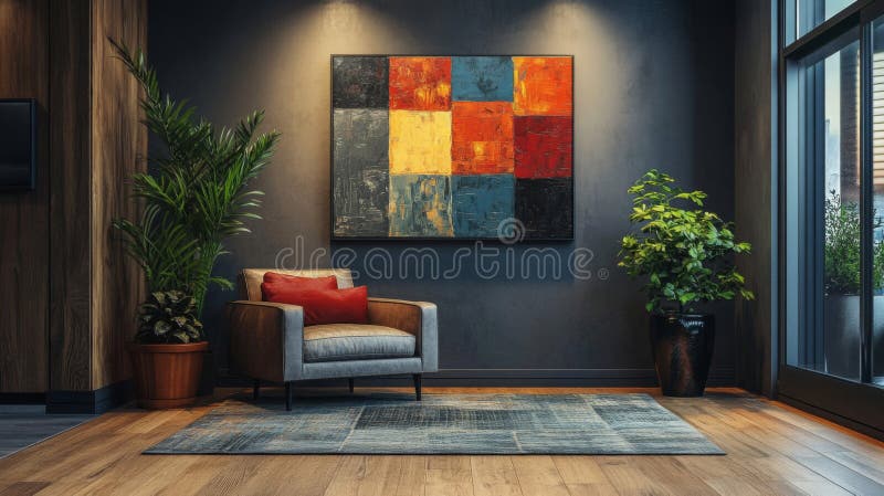 Modern Living Room with Abstract Artwork and Plants Stock Illustration ...