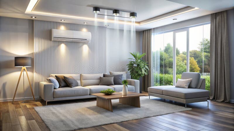 Modern Living Room Air Conditioner, Sofa, and Natural Light Stock ...