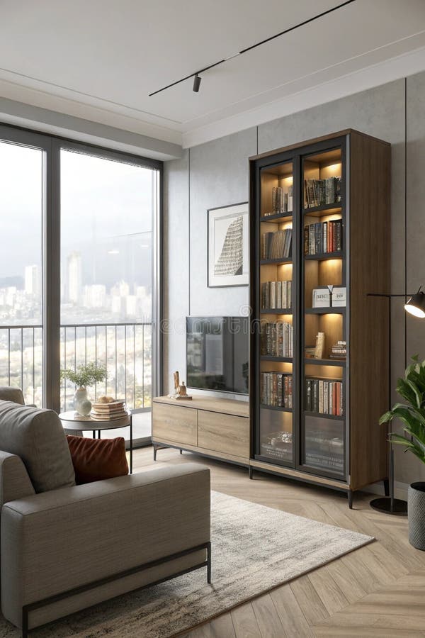 Modern Apartment Living Room with the Library Cabinet and Sofa. Front ...
