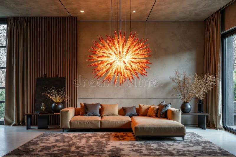 Modern Living Room with Artistic Chandelier and Contemporary Decor ...