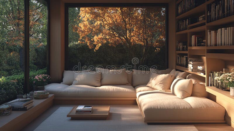 Modern Living Room with Autumn View, Peaceful Interior Design Stock ...