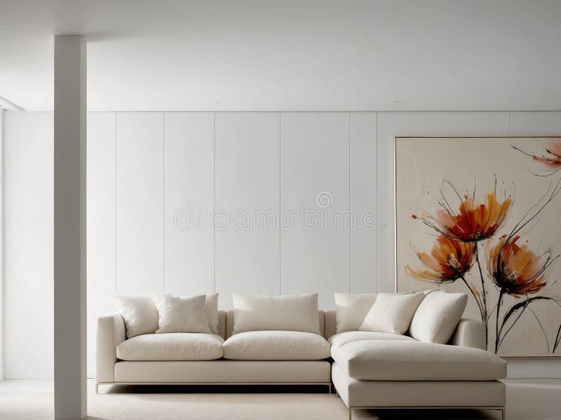 Modern Living Room with Beige Sofa and Abstract Flower Artwork. Stock ...