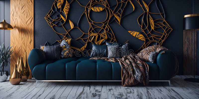 A Living Room with a Blue Couch and a Large Wall Sculpture Created with ...