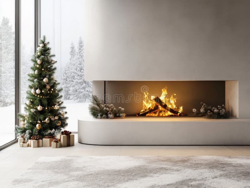 Modern Living Room with Christmas Tree and Fireplace Stock Illustration ...