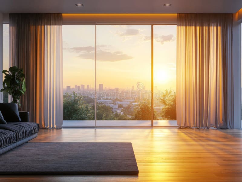 Modern Living Room with City Skyline View and Sunset Stock Illustration ...