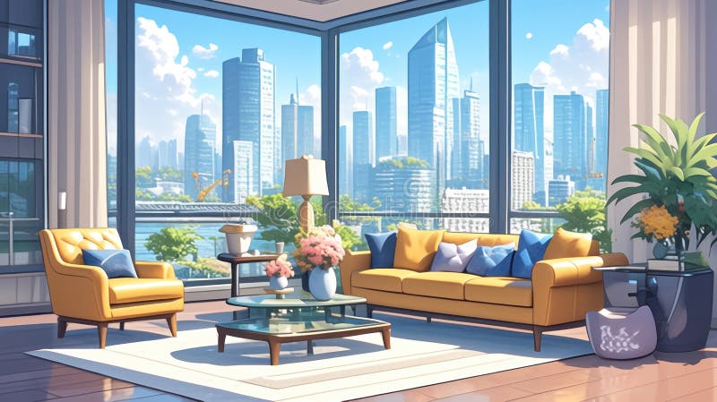 Modern Living Room with City View Illustration Stock Illustration ...