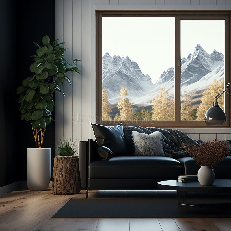 Modern Living Room Close Up, Mountains View, Generative AI Stock ...
