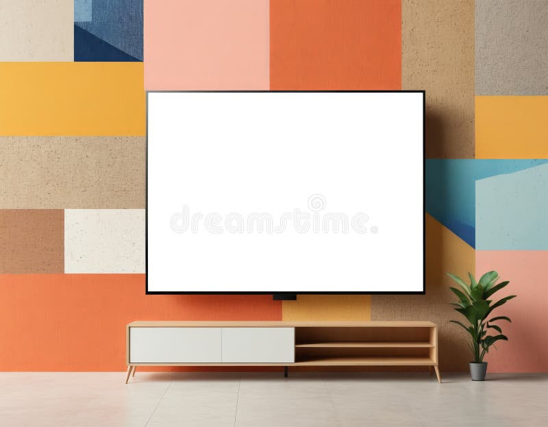 Modern Living Room with Colorful Geometric Wall and Blank Screen Stock ...