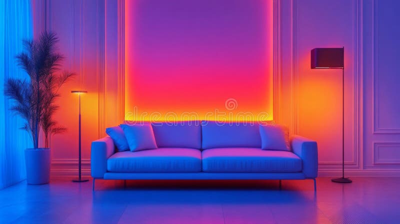 Modern Living Room with Colorful Gradient Lighting and White Sofa Stock ...