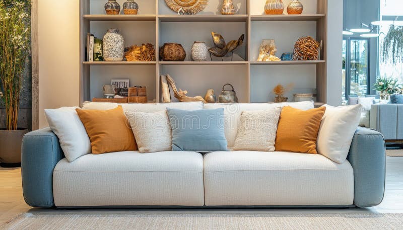 Modern Living Room with Comfortable Sofa Decorated with Pillows and ...