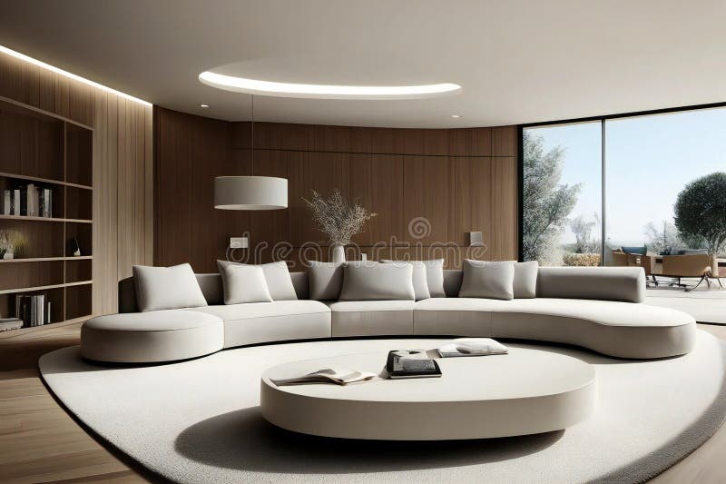 Modern Living Room with Curved Sofa and Panoramic Window Overlooking ...