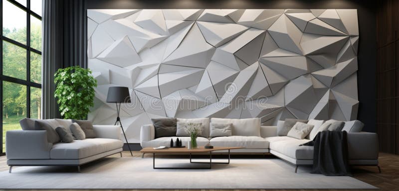 A Modern Living Room with a 3D Geometric Wall Pattern in Shades of Grey ...