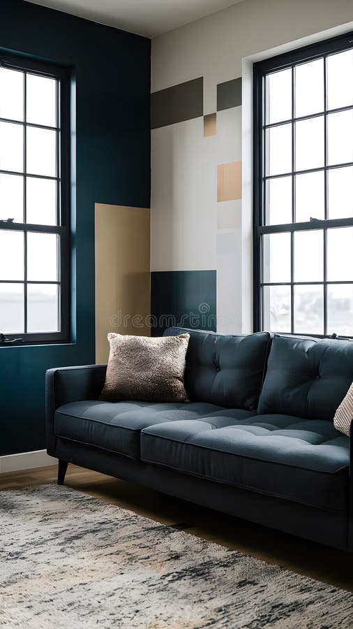 Modern Living Room with Dark Gray Sofa, Mixed Wall Design, and Large ...