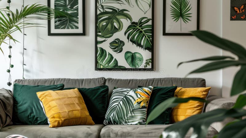 Modern Living Room Decor with Lush Greenery and Botanical Artwork Stock ...