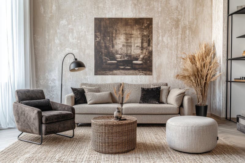 Modern Living Room Design with a Comfortable Dark-colored Sofa Stock ...