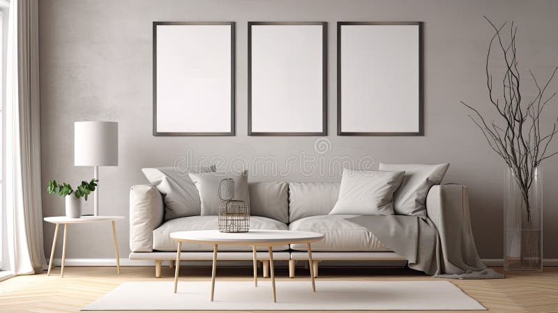 Modern Living Room Design with Vertical Framed Art Mockup. Print ...