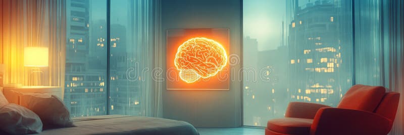 Modern Living Room with Digital Display Showing Abstract Brain Symbol ...