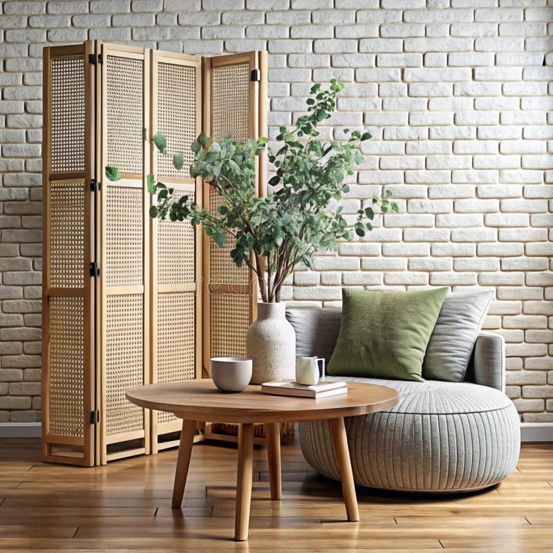 Modern Living Room with Room Divider, Round Sofa, Coffee Table, and ...