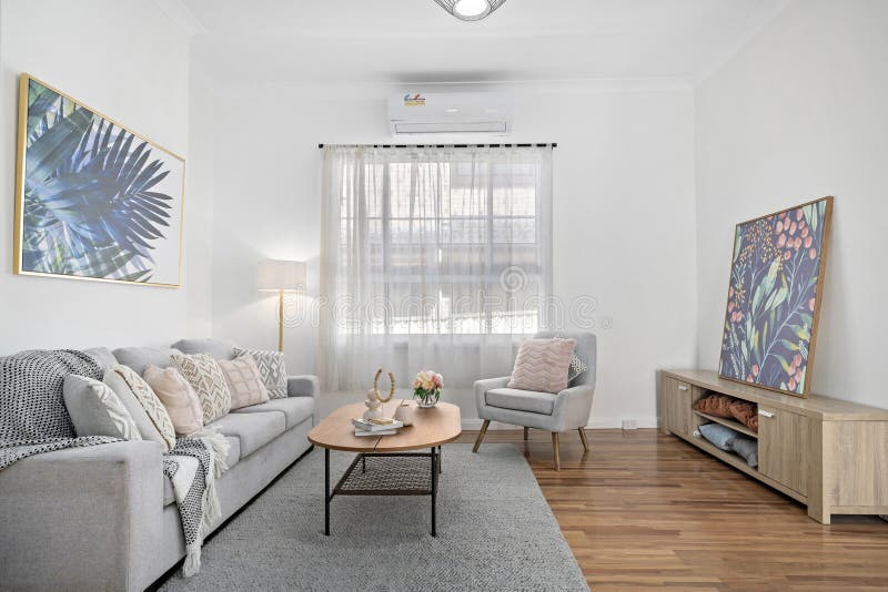 Modern Living Room with Dual Sofas and a Central Coffee Table Stock ...