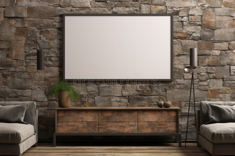 Modern Living Room with an Empty Picture Frame on Stone Wall Stock ... Modern Living Room with an Empty Picture Frame on Stone Wall Stock ...