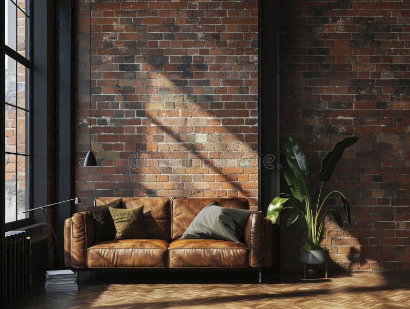 Modern Living Room with Exposed Brick Wall Stock Photo - Image of ...