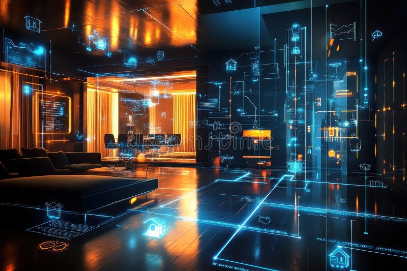 Futuristic Living Room with Holographic Interface and Smart Technology ...