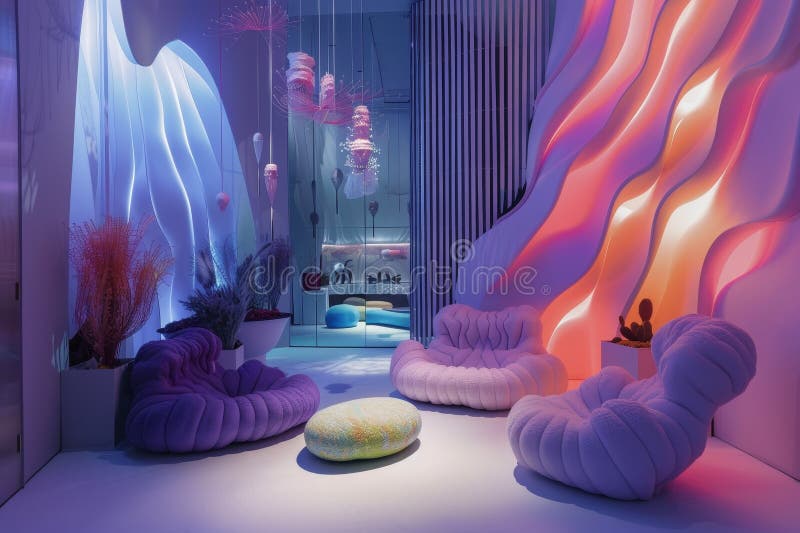 A Modern Living Room Features Plush Seating, Vibrant Lighting, and ...