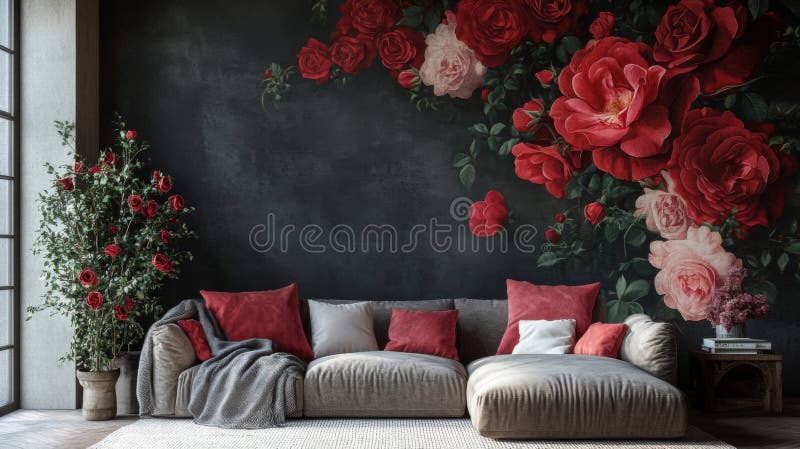 A Modern Living Room Features a Rose Mural and Comfortable Sofa Stock ...