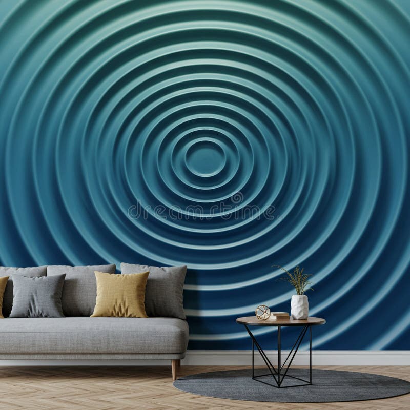 A Modern Living Room Features a Striking Wall Mural with Concentric ...