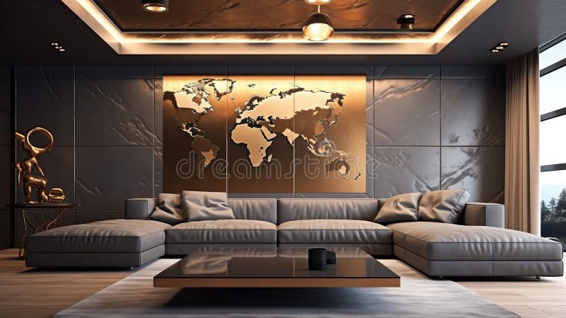 Modern Living Room with Gold World Map: a Stylish Blend of Global ...