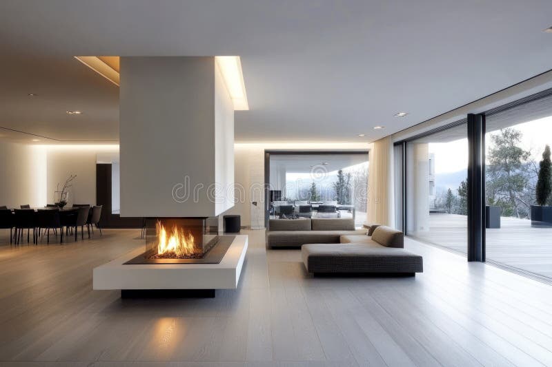 Modern Living Room with Central Fireplace and Open Layout Stock ...