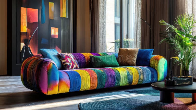 A Modern Living Room Featuring a Colorful Sofa and Dramatic Sunlight ...