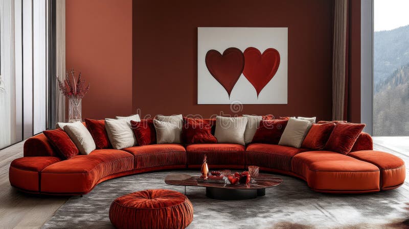 Modern Living Room Featuring Curved Red Sofa and Heart Artwork Stock ...