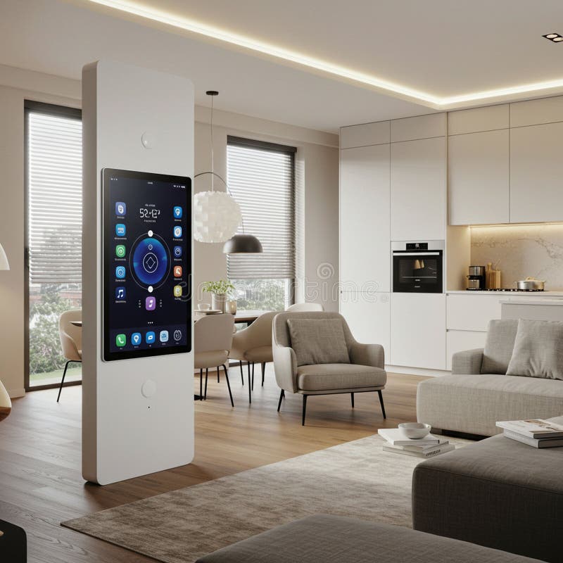Modern Living Room Featuring a Freestanding Smart Home Device with a ...