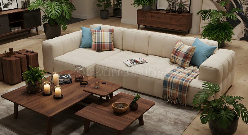 Contemporary Interior Design with Cozy Plaid, Pillows, and Lush ...